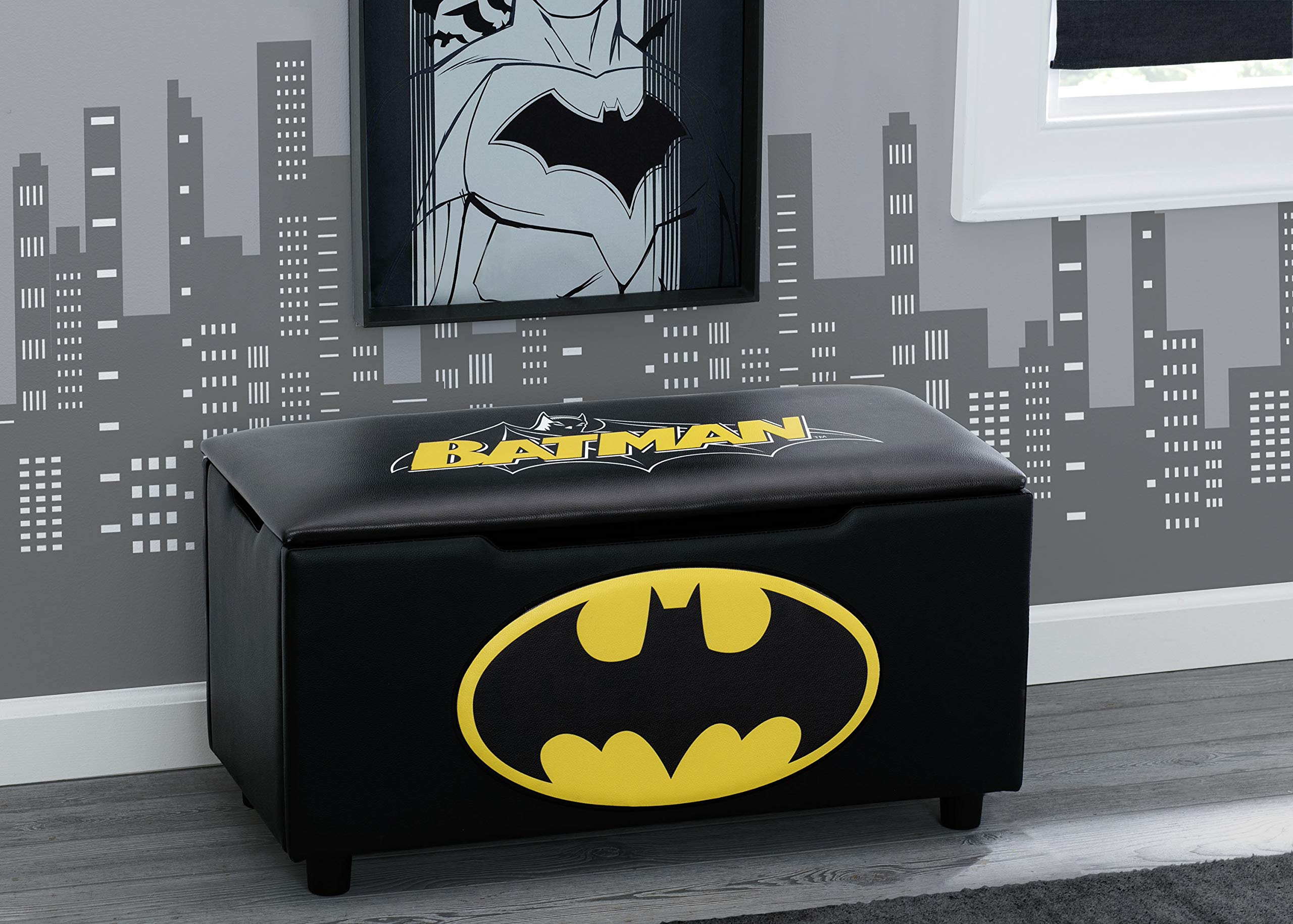 Delta Children DC Comics Batman Upholstered Storage Bench for Kids | Perfect for Bedrooms/Playrooms/Living Rooms | Features Fun Graphics of Batman