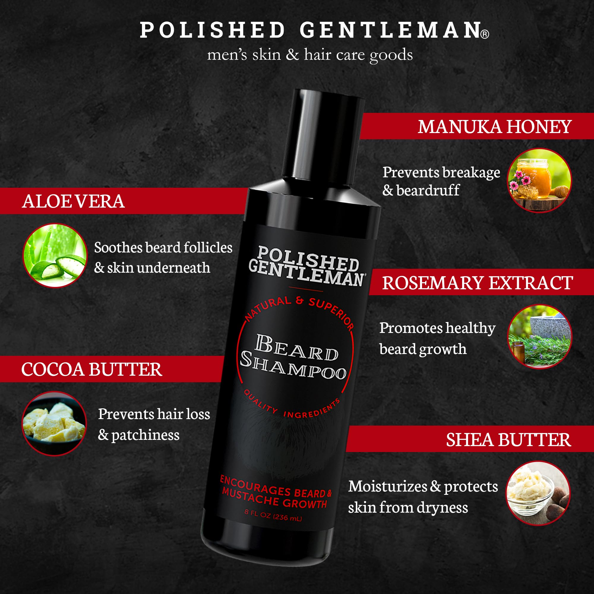 Polished Gentleman Beard Shampoo & Face Wash - 8oz, Refreshing with Peppermint, Tea Tree & Argan Oils for Thicker, Softer Beard