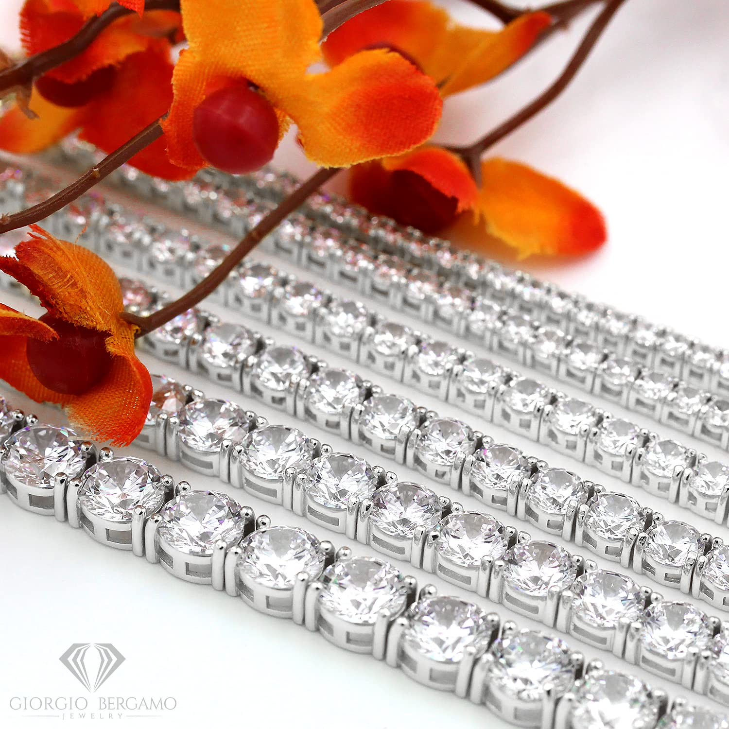 Giorgio Bergamo 925 Sterling Silver 5mm Tennis Necklace, Iced Out Round Cut CZ Cubic Zirconia Rhodium Plated Link Chain, (20)
