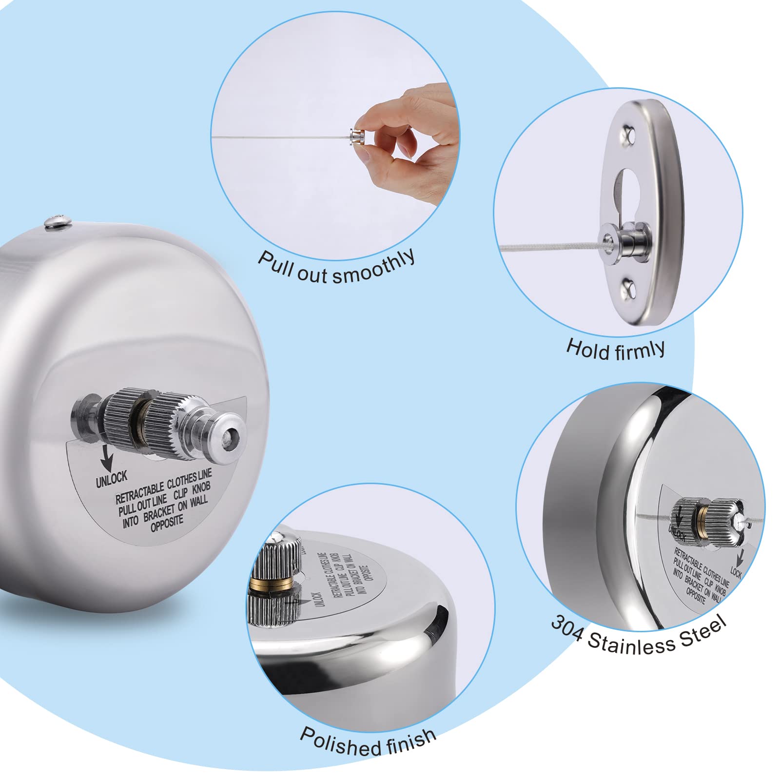 Little World Retractable Clothesline - 304 Stainless Steel Retractable Clothesline Indoor with Adjustable Nylon Rope, Wall Mounted Retractable Laundry Line, Laundry Accessories