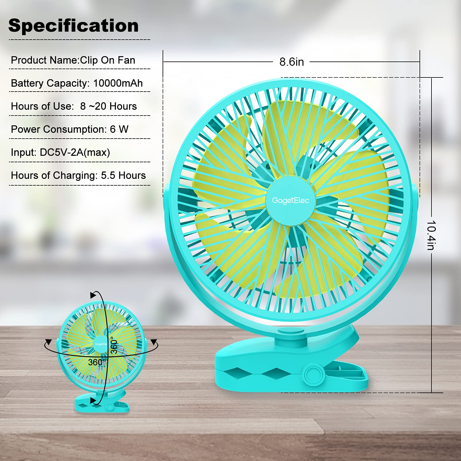 GagetElec 8" Foldaway Fan Rechargeable 10000mAh Battery Powered Oscillating Fan,20H Working Time,Portable Standing Fans with Adjustable Tripod,4 Speeds Cooling Fishing Camping Beach Fan