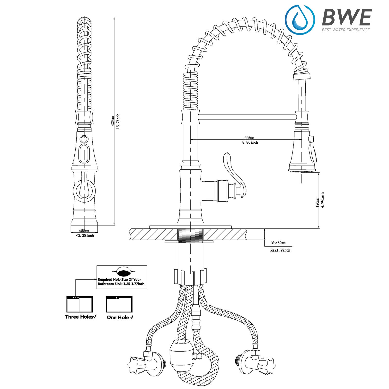 BWE Black Bathroom Faucet Matte Waterfall Sink Farmhouse Bath Vanity Single Hole Bundle with Kitchen Sink Faucet with Deck Plate Matte Black with Pull Down Sprayer 3 Spray Modes