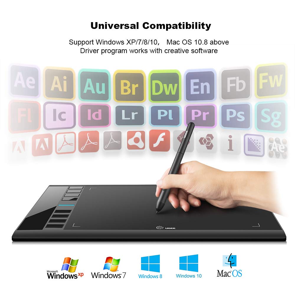 UGEE M708 Drawing Tablet,10 x 6 inch Digital Graphics Tablet with Battery-Free Stylus,8 Hot Keys Compatible with Windows MacBook Chromebook,Prefect for Artist,Designer,Beginner Online Teaching