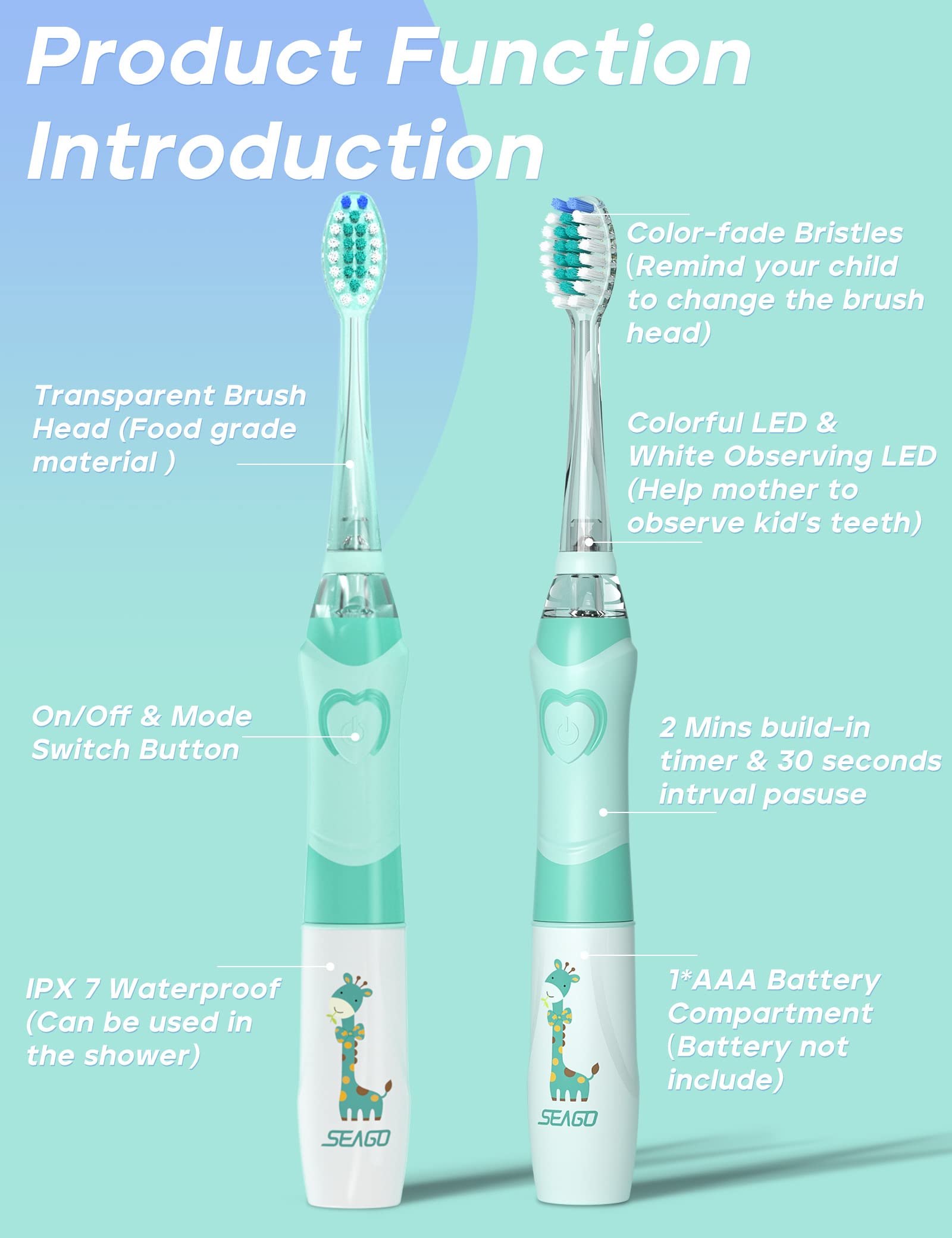 SEAGO Kids Electric Toothbrush with 2 Mins Brushing Timer and 4 Replacement Bursh Heads, Rainbow LED Light Make Brushing Fun, Green Color Boys Battery Powerd Toothbrush for 4-12 Years Old,SG-977