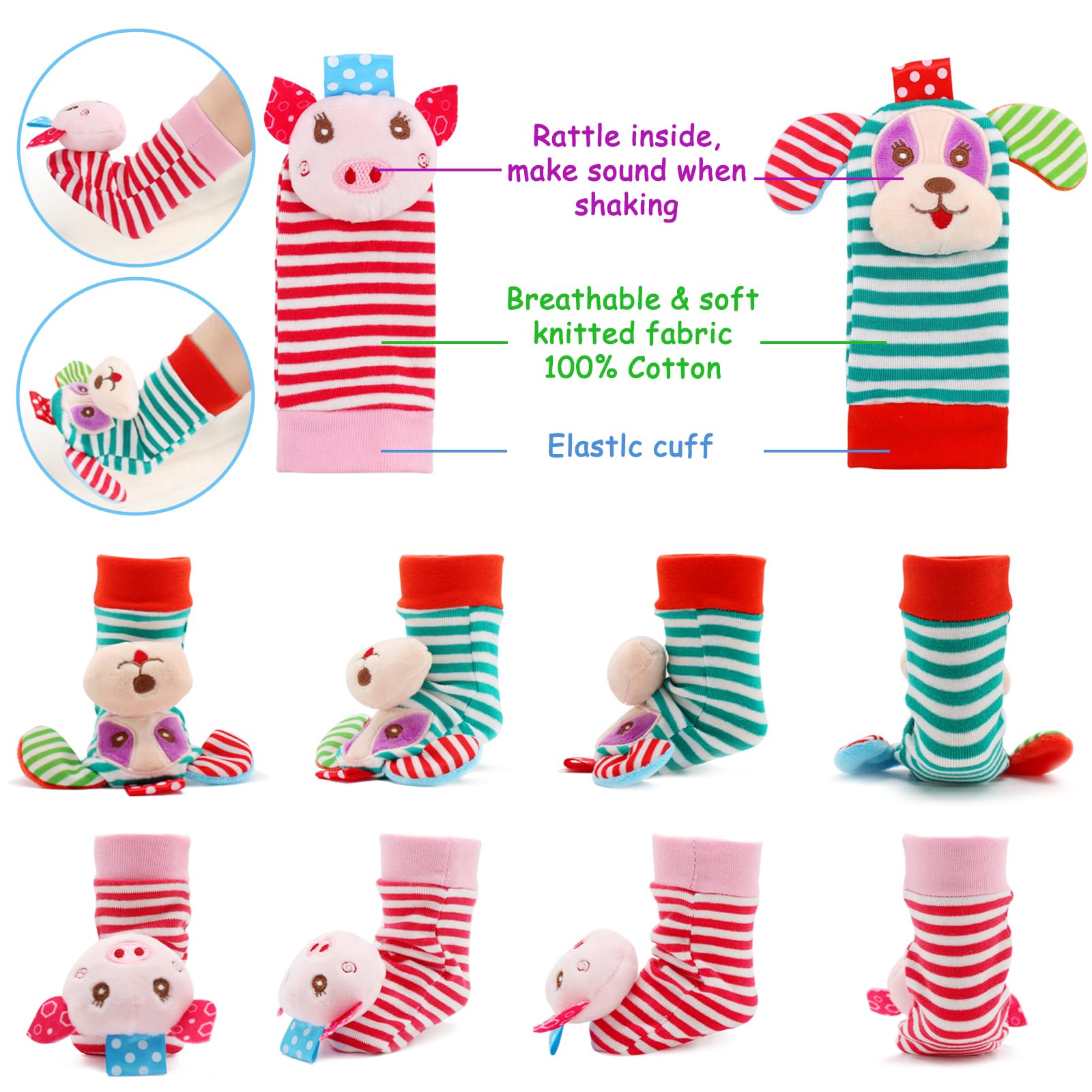 BLOOBLOOMAX Baby Infant Rattle Socks Toys, Sock rattles for Babies 0-24 Months Baby Animal Foot Finder Learning Toy (Cotton A)