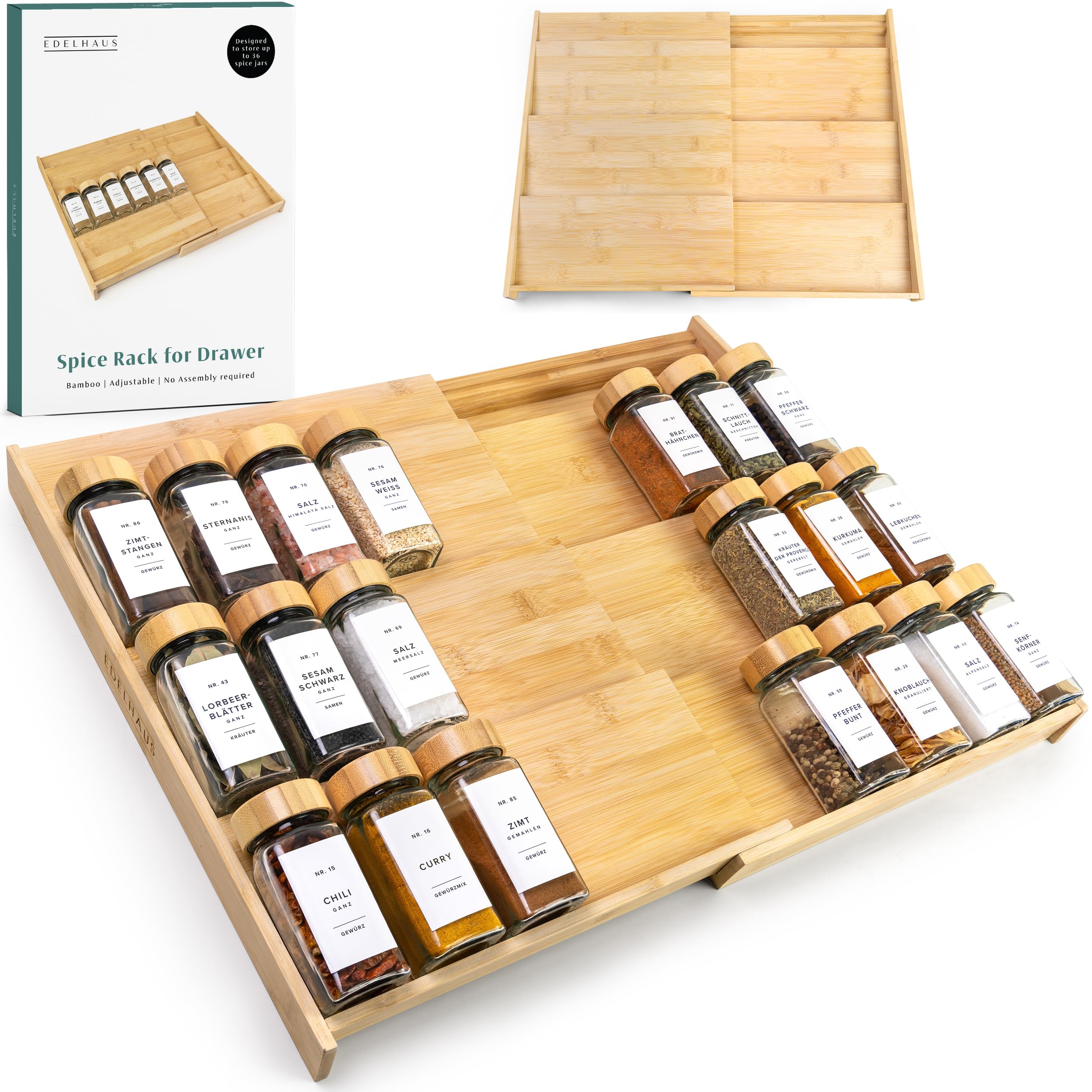 Bamboo Spice Drawer Organizer - Expandable 4 Tier Spice Rack (Need 3" Deep Drawer) 12" to 23" Wide, Seasoning Organizer, Organization Seasoning Rack insert for Kitchen Cabinet (Jars Not Included)