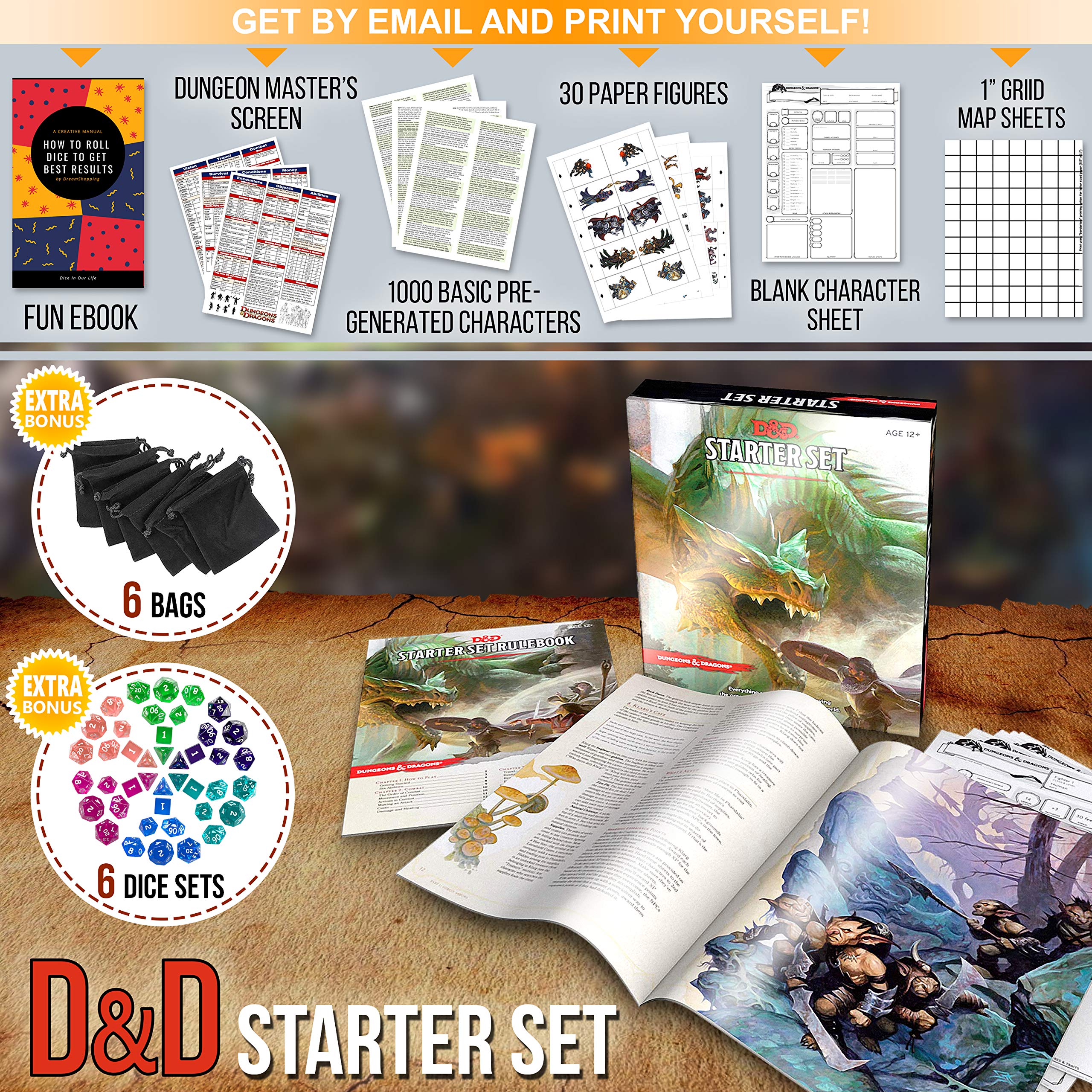 Dungeons and Dragons 5th Edition Starter Set with DND Dice and Complete Printable Starter Kit - Popular DND Rolling Board Game Fifth Edition - D&D 5e Beginner Gift Set - Adult Magic Pack