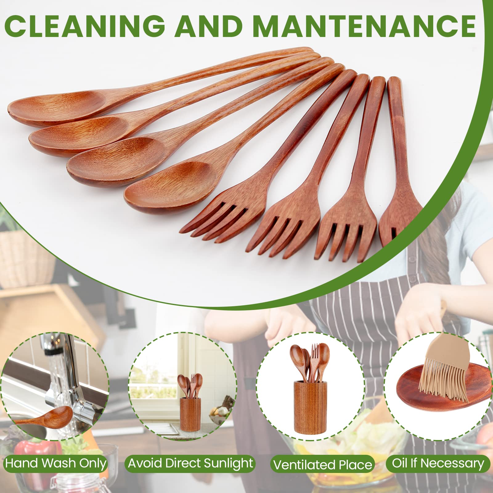 8 Pcs Wooden Spoons Forks Set, Japanese Style Wooden Utensil Set, Handmade Kitchen Spoon, Reusable Travel Flatware Set, Wooden Kitchen Tableware (Natural)