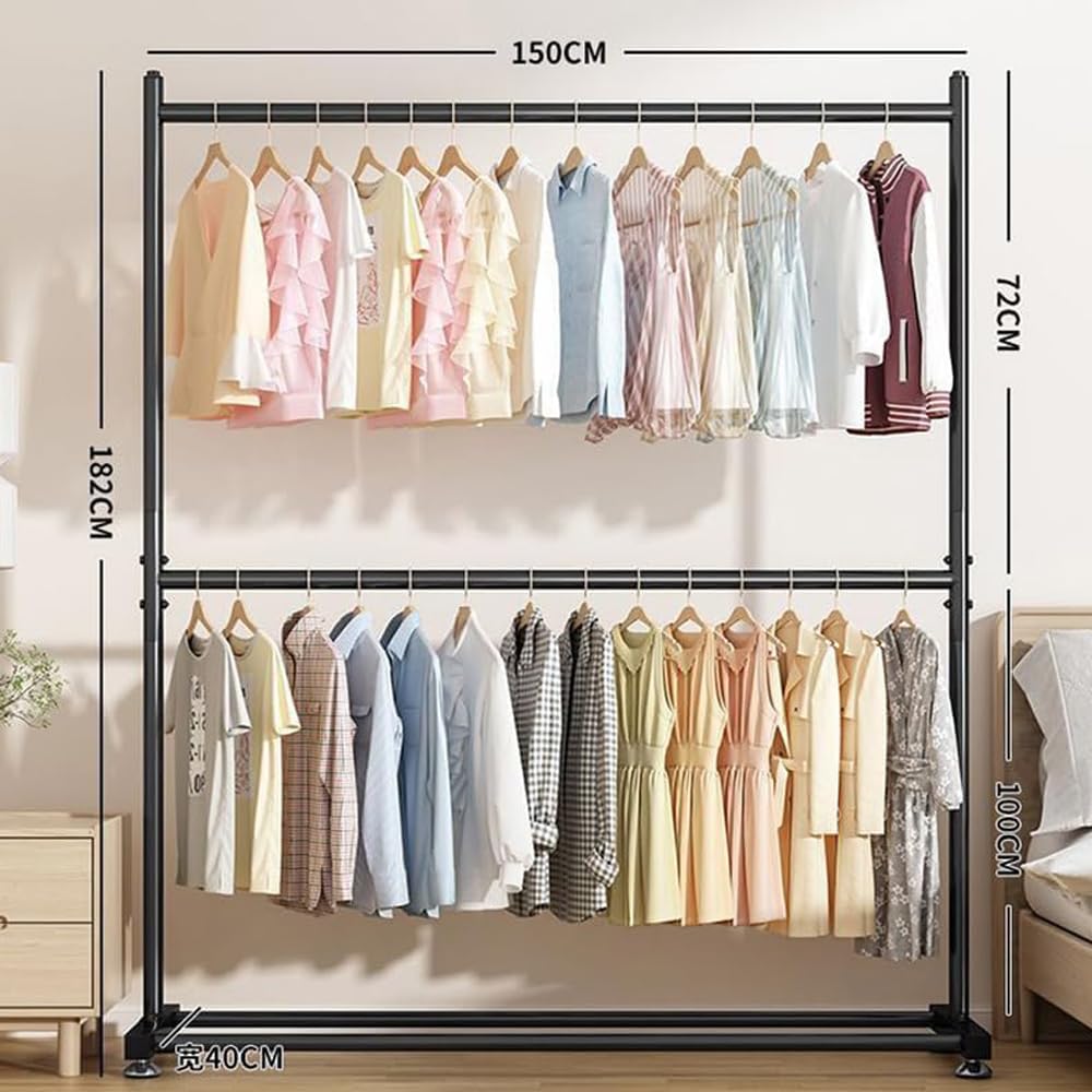 Bold and Heighten 2 Layers Metal Clothes Drying Rack Laundry Drying Rack, Sheet Quilts Blanket Drying Rack, Heavy Duty Garment Rack For Indoor Outdoor 1.5M/150cm/59 Inches(Black)