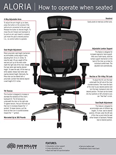 Oak Hollow Furniture Aloria Series Office Chair Ergonomic Executive Computer Chair Genuine Leather Seat Cushion, Mesh Back Adjustable Lumbar Support Swivel Tilt High-Back (Black, Tall, Headrest)