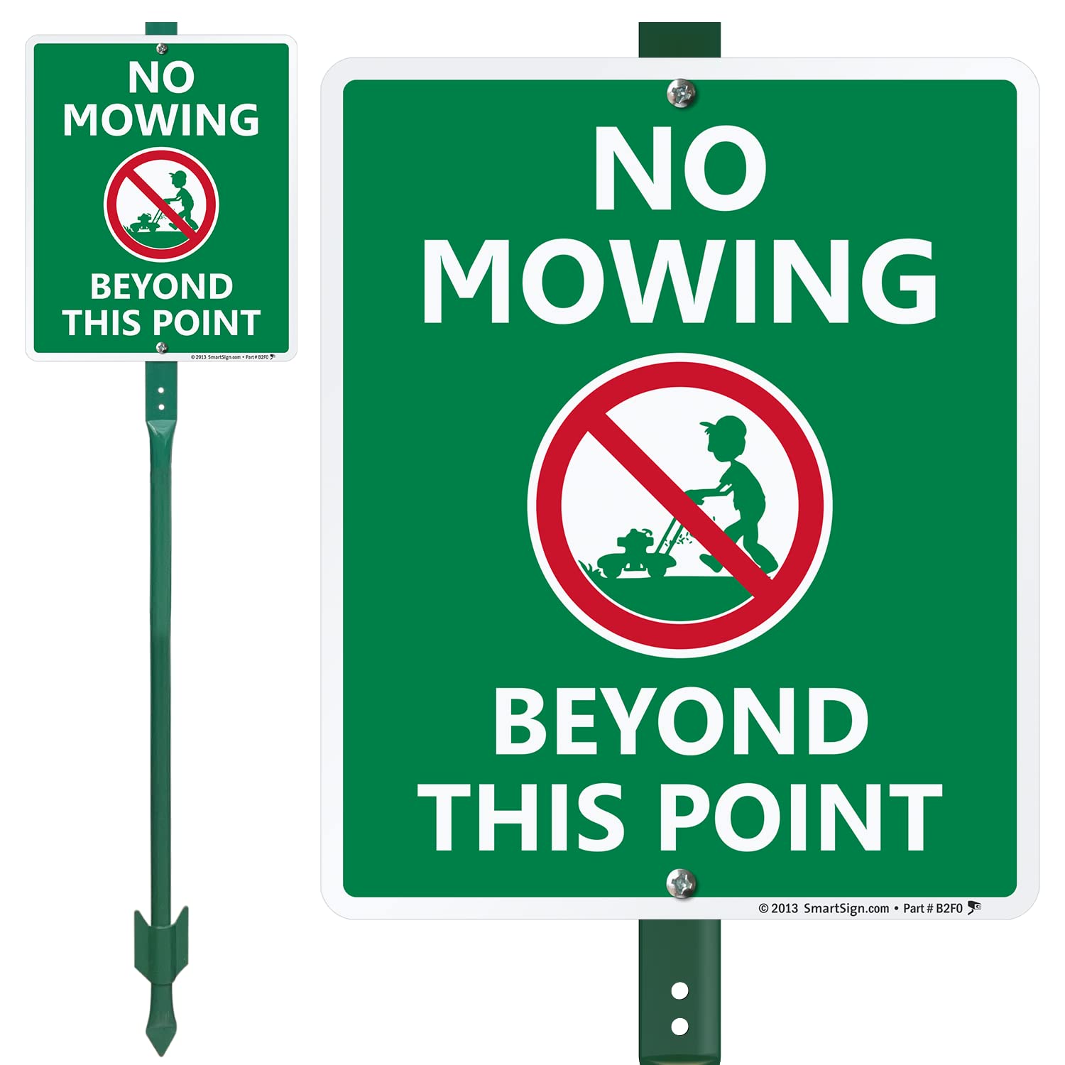 SmartSign 12 x 10 inch âNo Mowing Beyond This Pointâ LawnBoss Yard Sign with 3 foot Stake, 40 mil Laminated Rustproof Aluminum, Red, White and Green, Set of 1, Made in USA