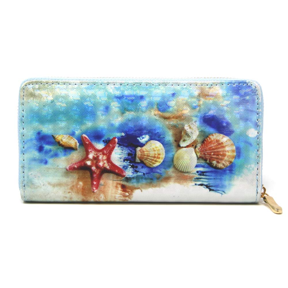 by you Women Holographic 3D Long Clutch Wallet Zipper Closure Card Slots Zippered Coin Pouch (SEASHELLS)