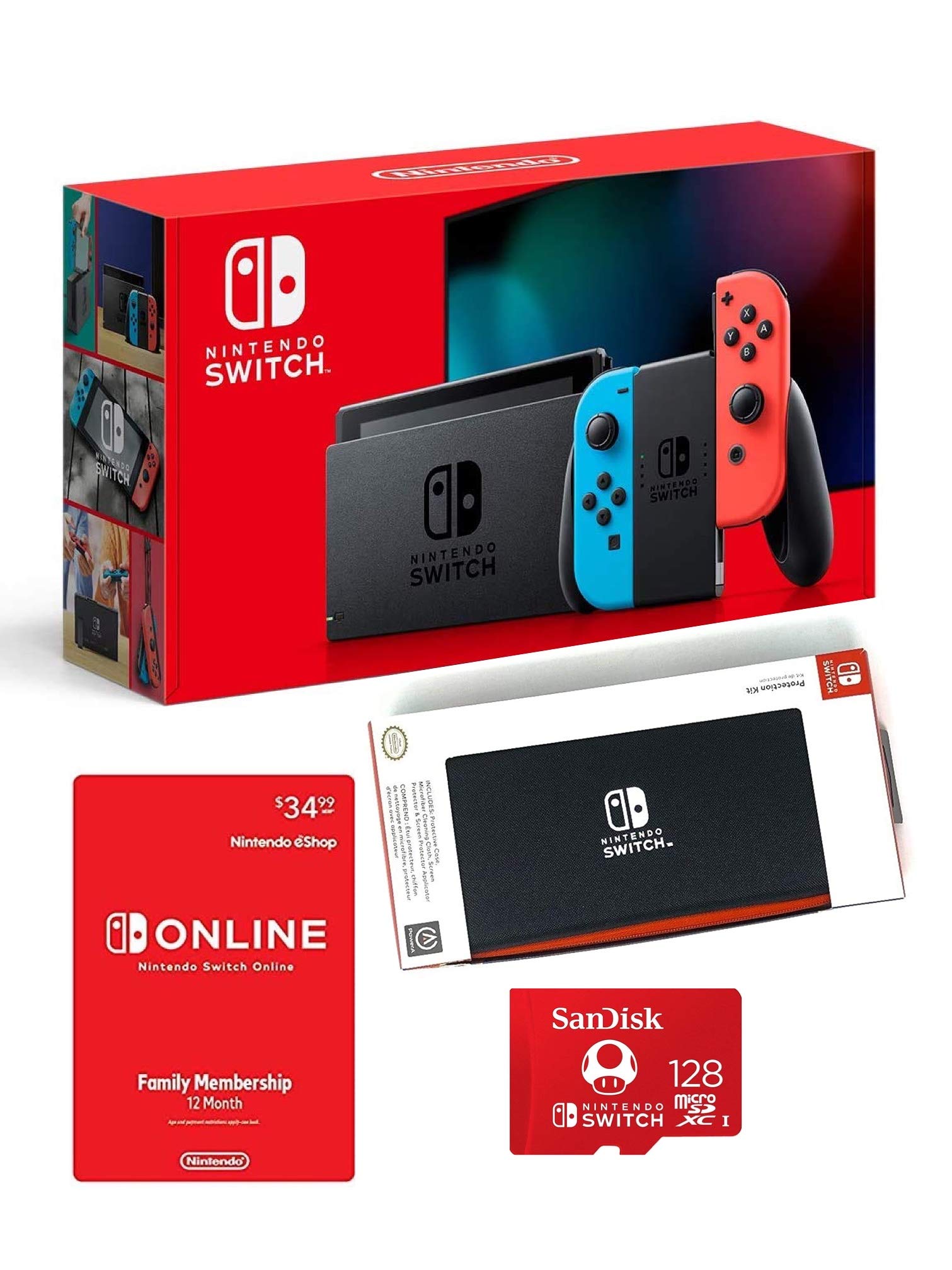 Game Bundle Nintendo Switch Bundle with 12 Month Online Family Plan /128GB SanDisk Micro SD Card/Case and Screen Protector,Red and Blue w/128GB SD/Case