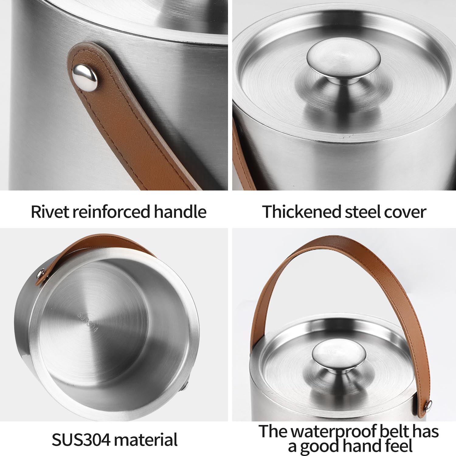 Bakpoco Double-Wall Vacuum Insulated Ice Bucket with Lid, Scoop, Ice Tong, Strainer & Leather Handle Keep Ice Frozen Longer Large Wine Ice Buckets for Cocktail Bar,Parties Chilling Beer Champagne 3L