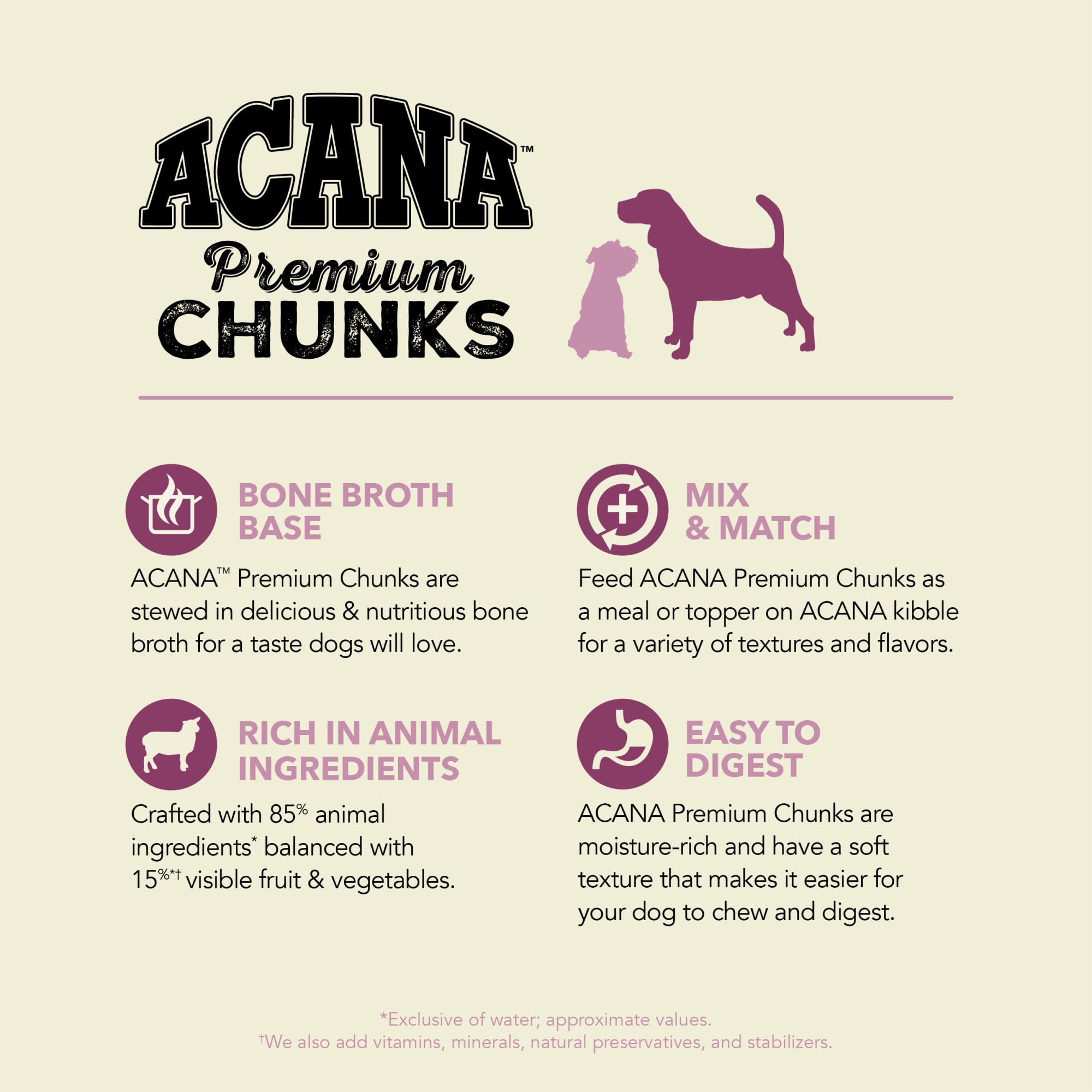 ACANA Premium Chunks Wet Dog Food, Lamb Recipe in Beef Bone Broth and beef liver, 12.8oz (Case of 12)