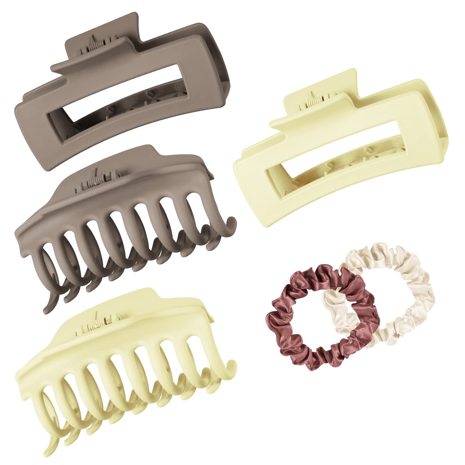 Amazer Hair Clips, Claw Clips for Thick Hair, Big Women Long 4 Pack Neutral Matte and Extra 2 Scrunchies Suitable All Hairstyle