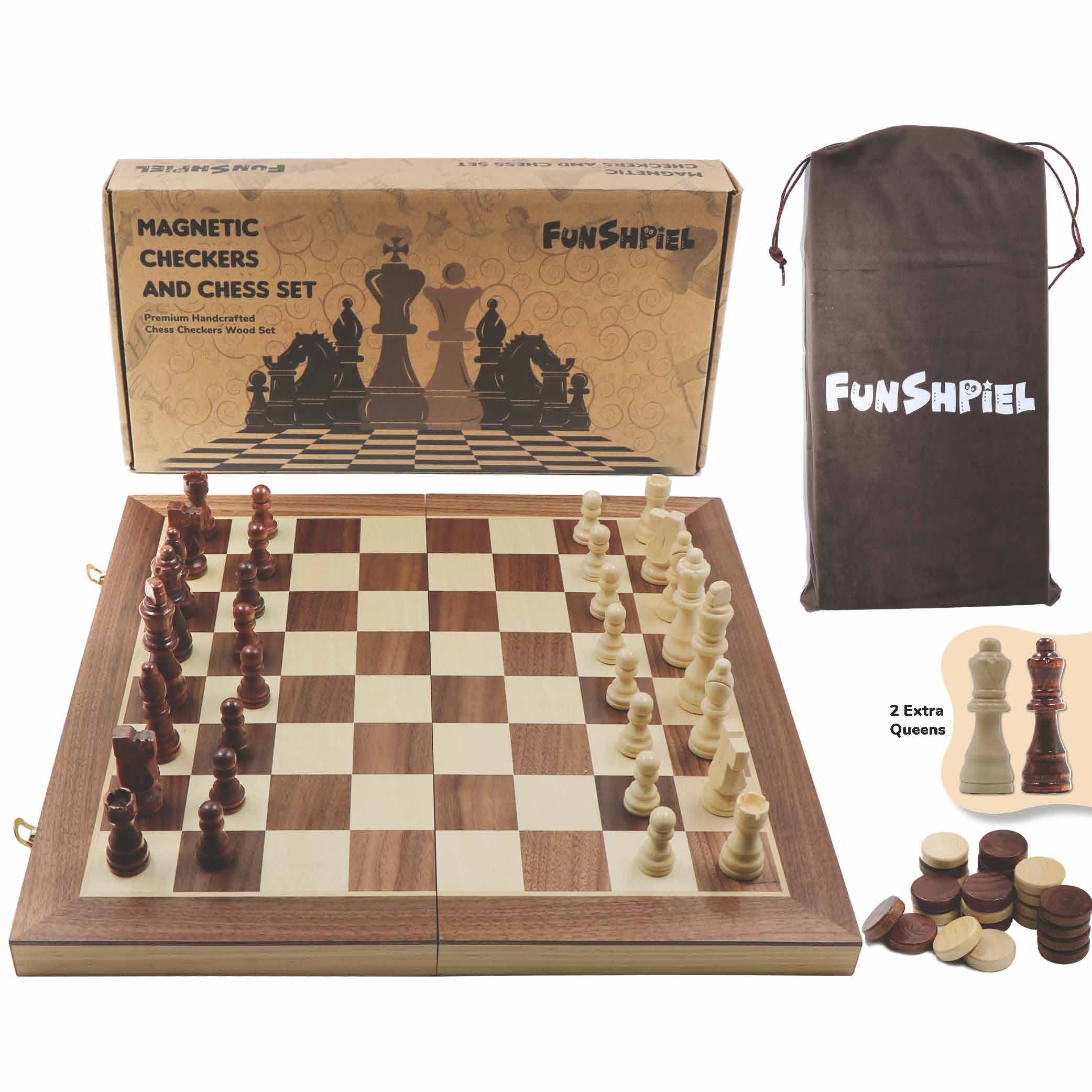 Funshpiel Magnetic Wood Checkers and Chess Set – Premium Handcrafted Chess Board Set with 2 Extra Queens, Chess and Checkers Set for Kids and Adults, Compact and Foldable Design, 15-inch Board Games