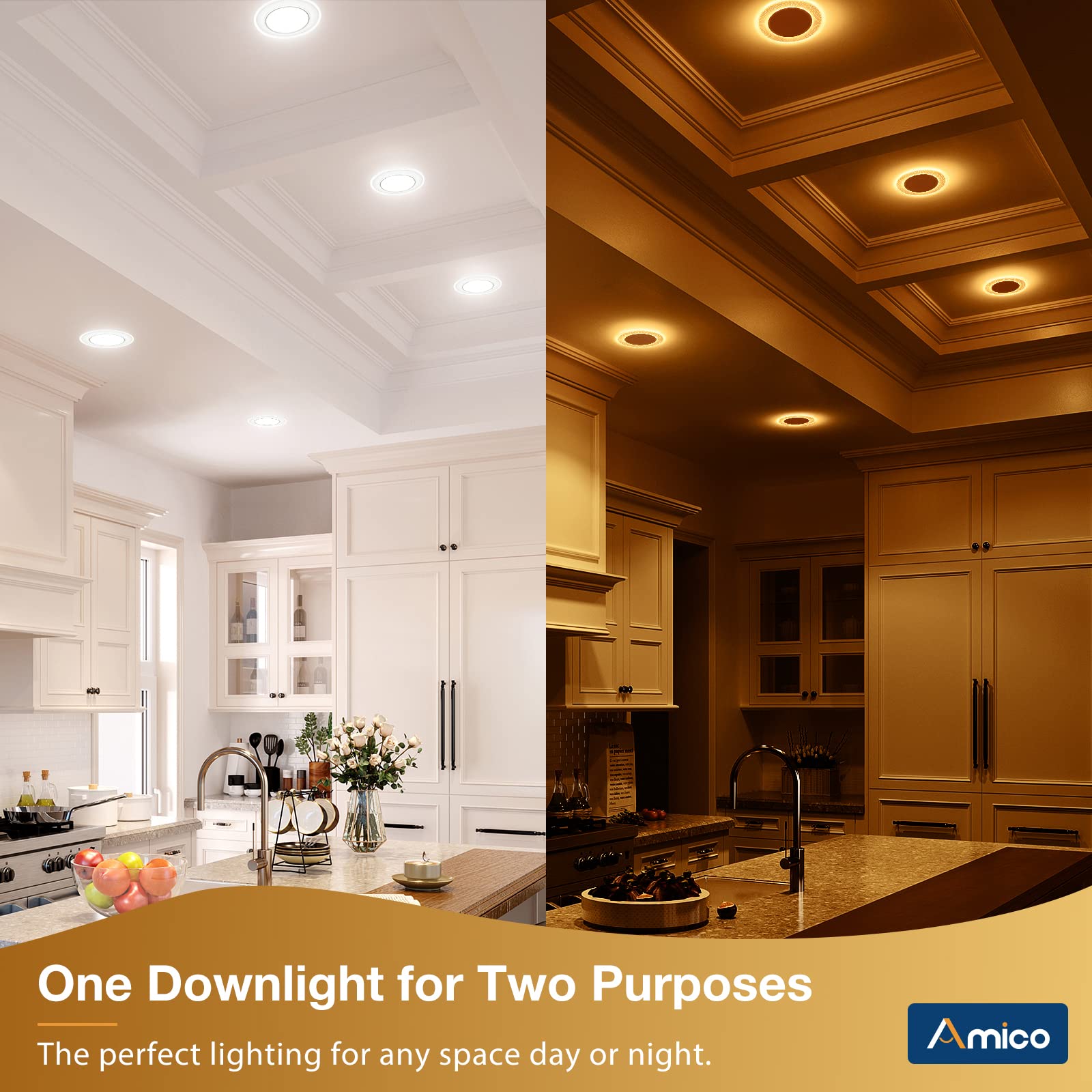 Amico 12 Pack 6 Inch 5CCT LED Recessed Ceiling Light with Night Light, 2700K/3000K/4000K/5000K/6500K Selectable Recessed Lighting, 12W=110W, 1000LM, Dimmable Canless Wafer Downlight - ETL & FCC