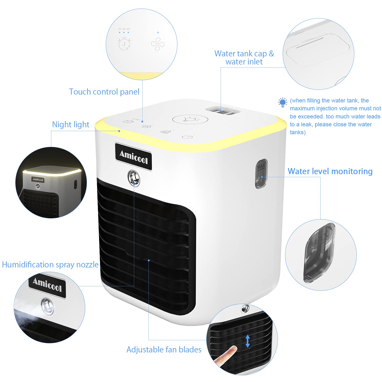 Amicool Portable Air Conditioner, Air Conditioner Fan with 3 Speeds, Personal Air Cooler with light for Home Office and Room, White (YB88)
