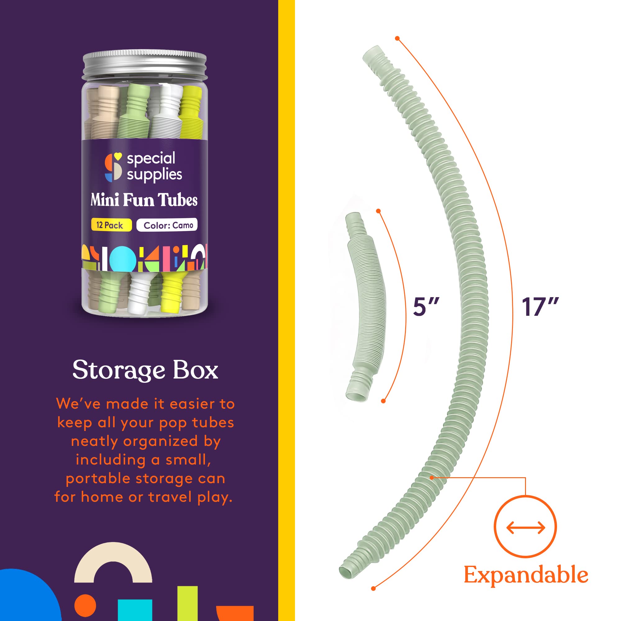 Special Supplies Fun Pull and Stretch Tubes for Kids - Pop, Bend, Build, and Connect Toy, Provide Tactile and Auditory Sensory Play, Colorful, Heavy-Duty Plastic (Camo-12)
