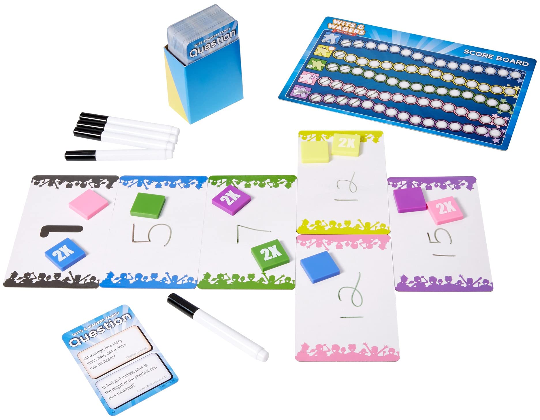 Mattel Games Wits & Wagers Board Game Family Edition for Kids and Adults with Dry Erase Boards, Markers & Question Cards