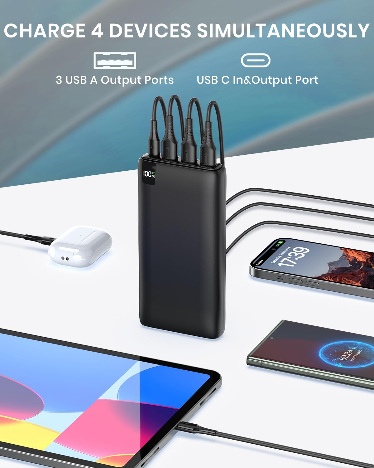 A ADDTOP Portable Charger Power Bank 26800mAh - Phone Charger 22.5W Fast Charging, 4 USB Outputs PD 3.0 USB C External Charger Battery Pack for Cell Phone Compatible with iPhone iPad Galaxy Android