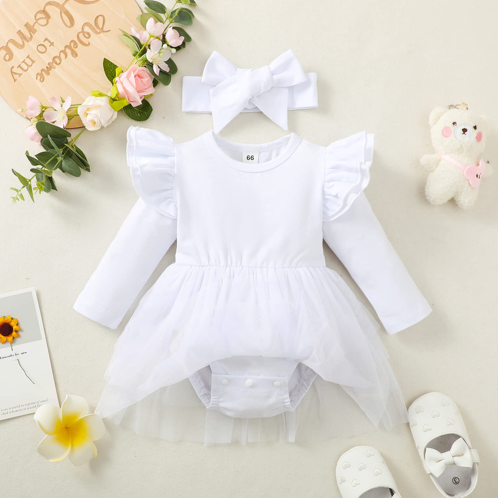 Baby Girl Clothes Infant Ruffle Sleeve Romper Dress Newborn Solid Tutu Skirt Sets Jumpsuit Headband Outfit (032B-White, 9-12 Months)