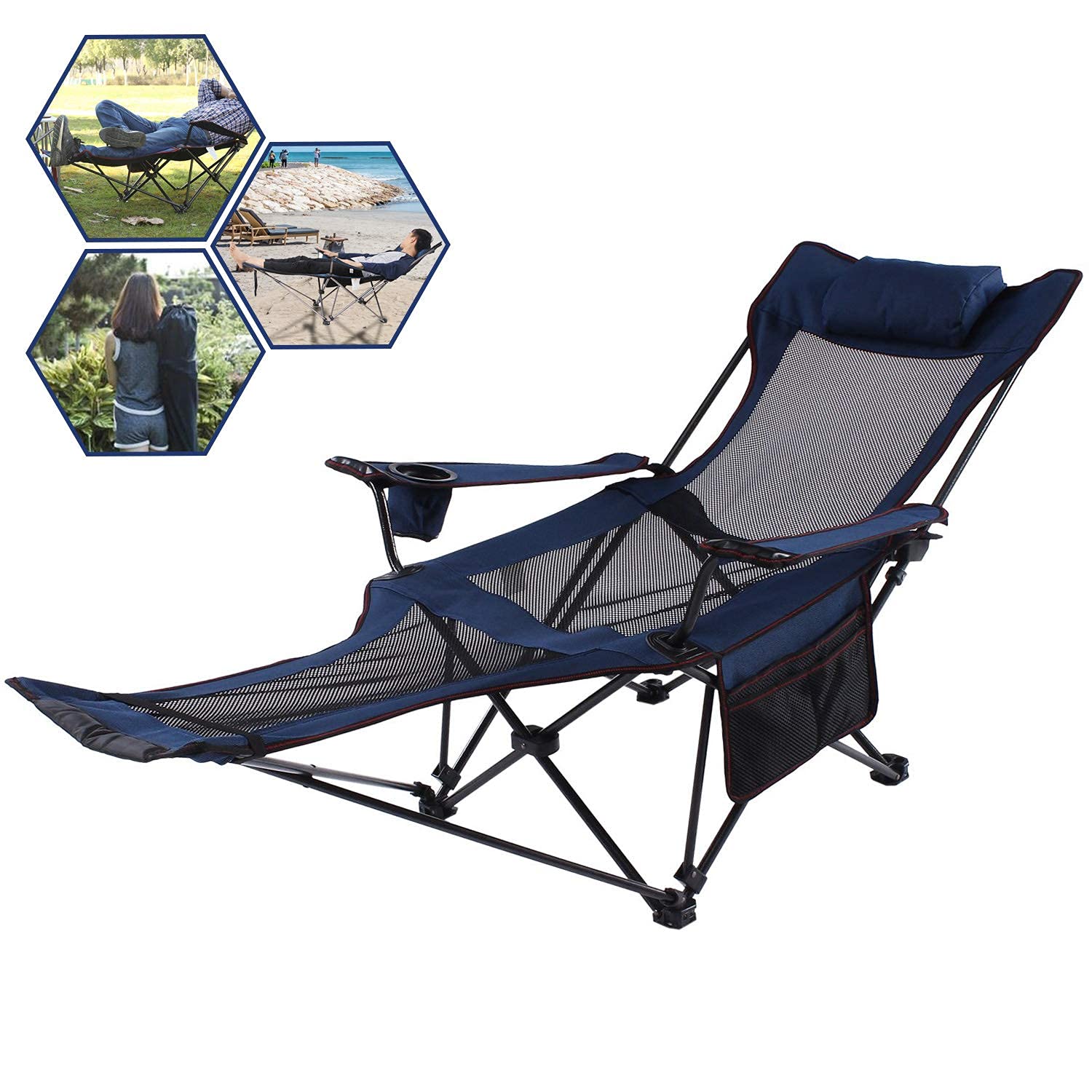 A AIKOOL Camping Recliner Camping Lounge Chair, Backpacking Folding Chair with Headrest, Footrest and Storage Bag for Outdoor Camping, BBQ, 300lbs Weight Capacity