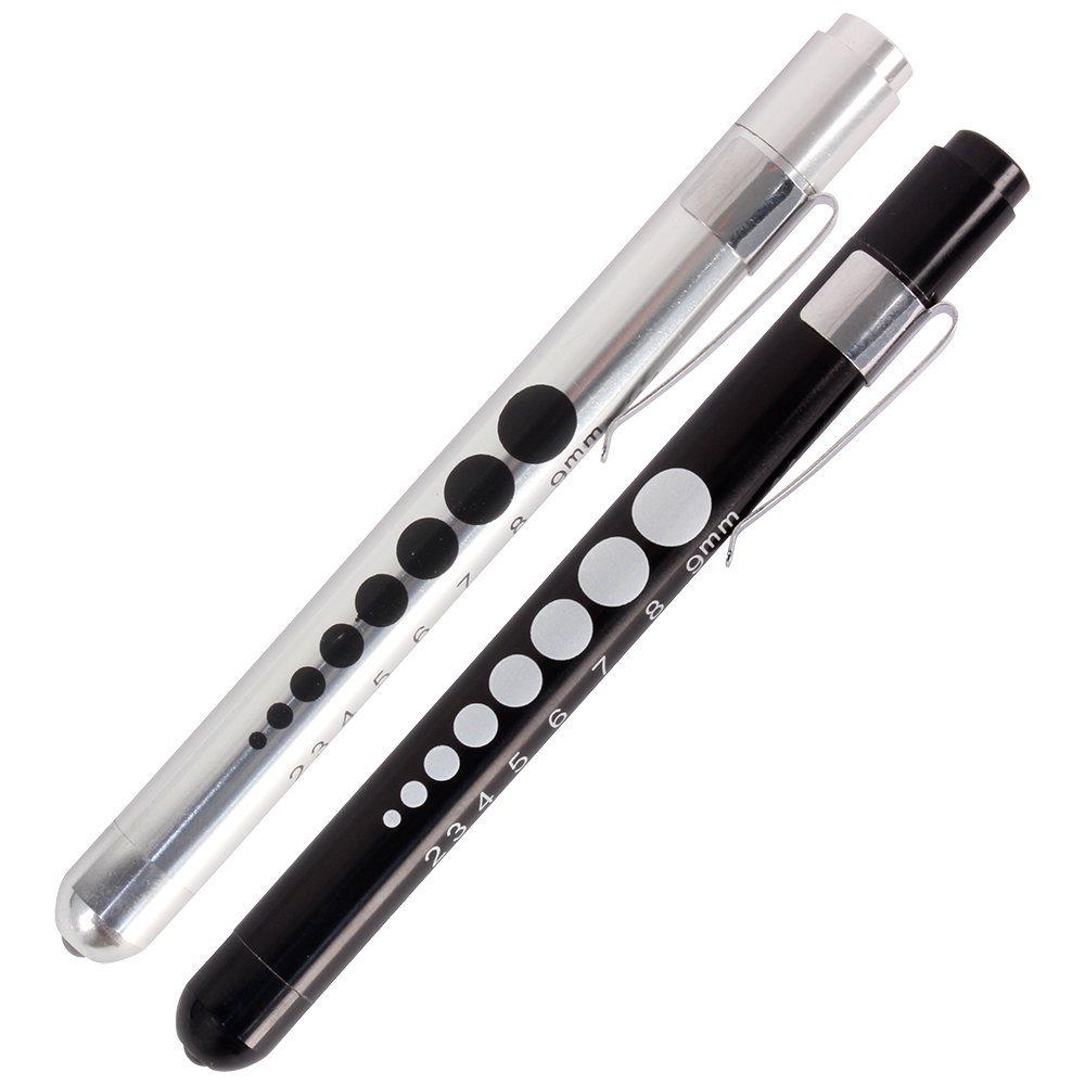 Dixie Ems Reusable LED Diagnostic Medical Penlight with Pupil Gauge and Pocket Clip (Batteries Included) (2, Black/Silver)