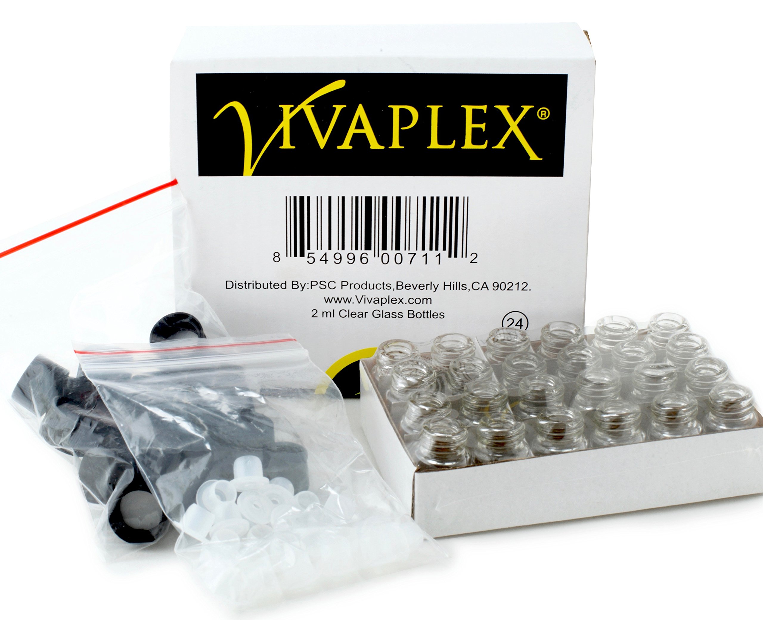 Vivaplex, 24, Clear, 2 ml (5/8 Dram) Glass Bottles, with Orifice Reducers and Black Caps