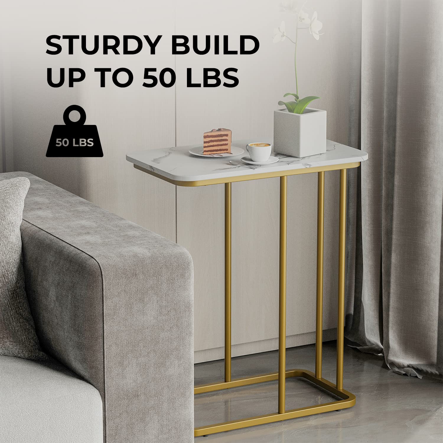 C Shaped Side Table, Small End Table, Modern Simplicity Waterproof Marble Pattern Coffee Table with Steel Frame for Living Room, Bedroom (White)
