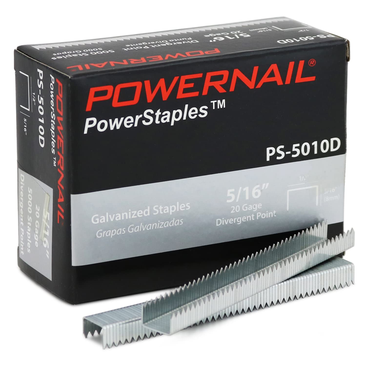 Powernail PS5010D 20 Gauge 1/2 Inch Crown 5/16 Inch Length Divergent Point Collated Galvanized Staples (Box of 5000)
