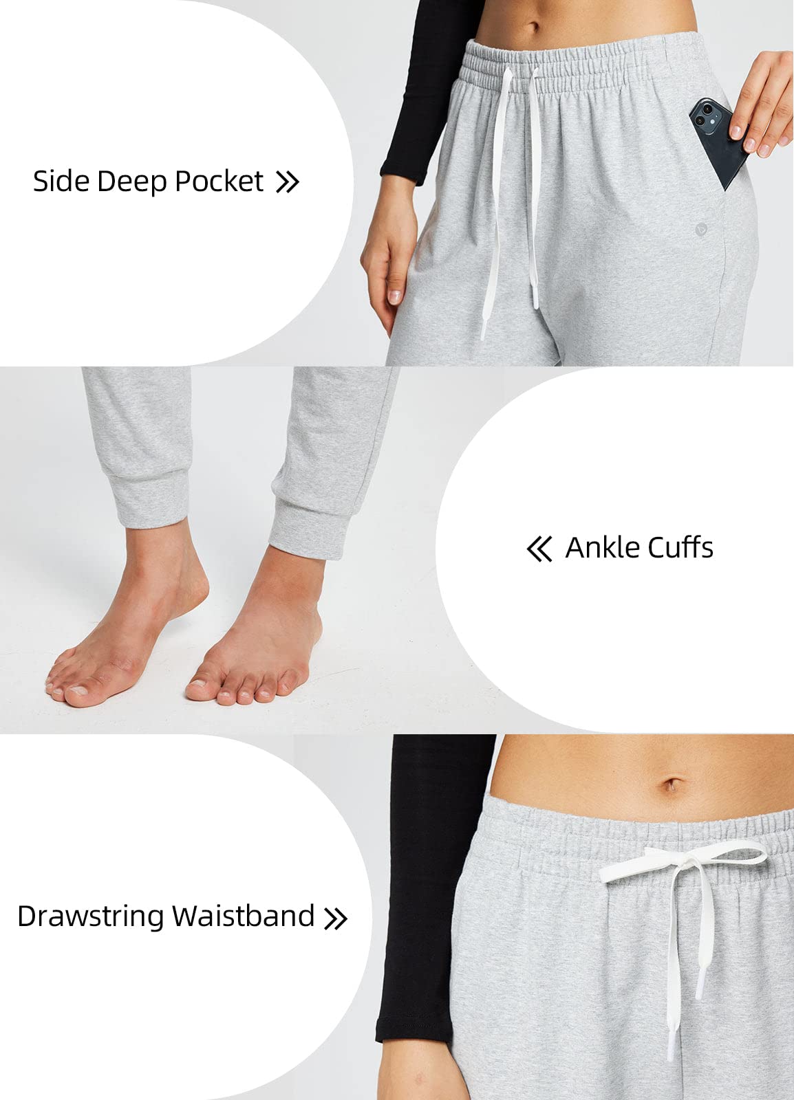 BALEAF Women's Cotton Joggers Pants with Pockets, Yoga Lounge Sweatpants for Women Workout Running Casual Light Gray XL