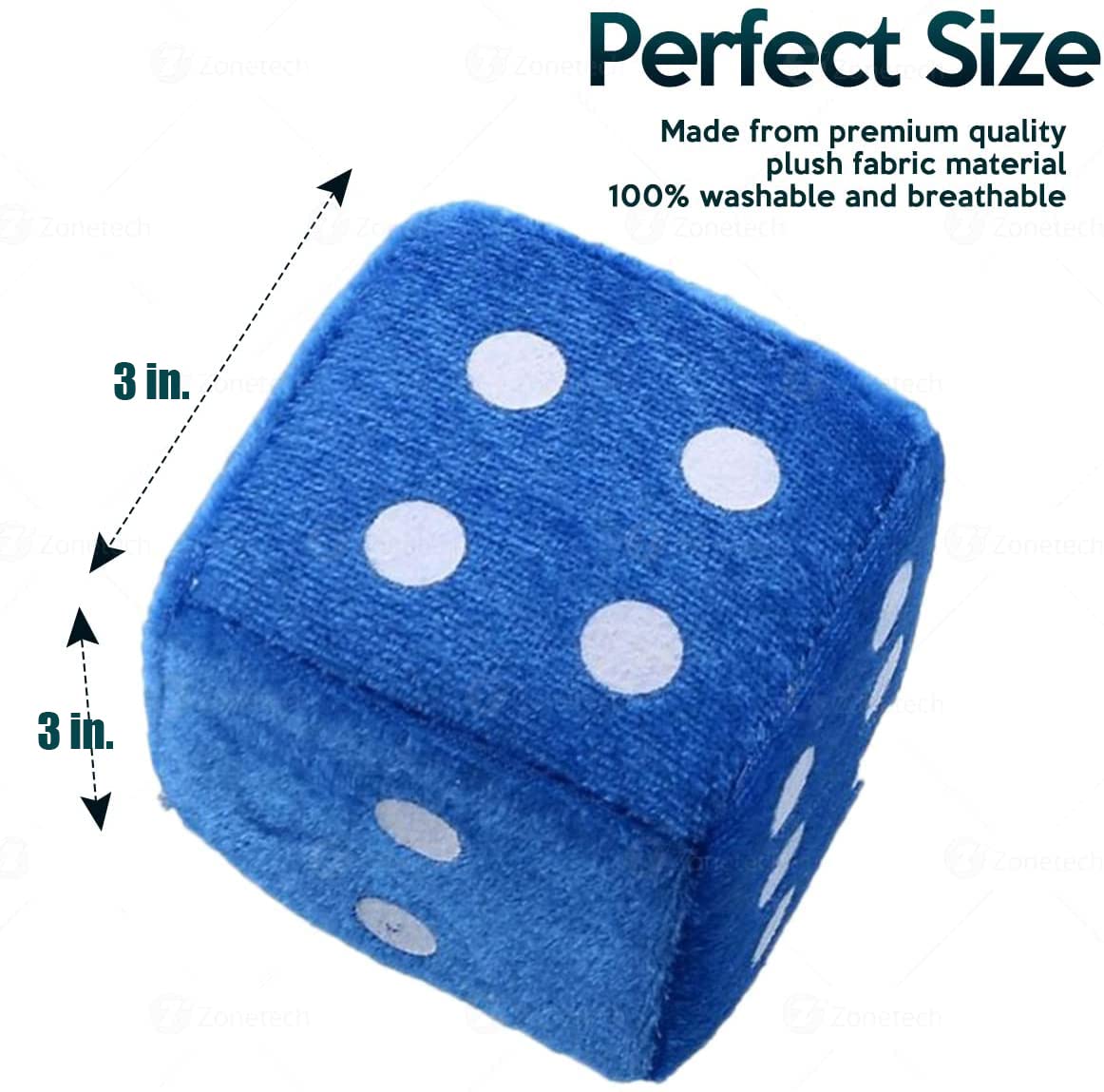 ZONETECH Blue Teal 3" Square Hanging Dice-Soft Fuzzy Decorative Vehicle Hanging Mirror Dice with White Dots