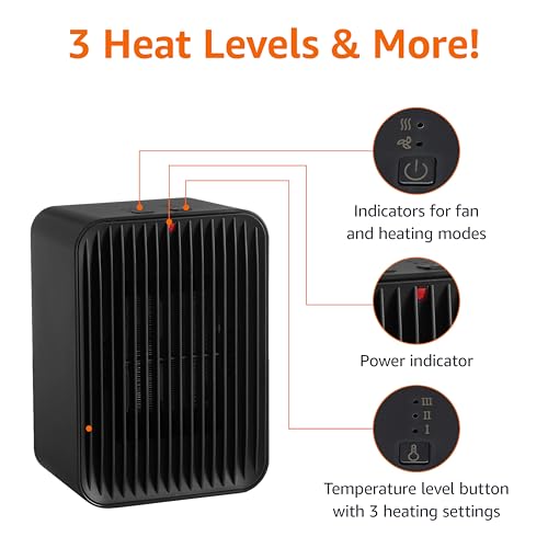 Amazon Basics Ceramic Space Heater, Electric Heater for Indoor Use With 3 Heat Settings, Temperature Control, Lightweight (1.7 LBS), 520W, 5.1"L x 3.5"W x 7"H