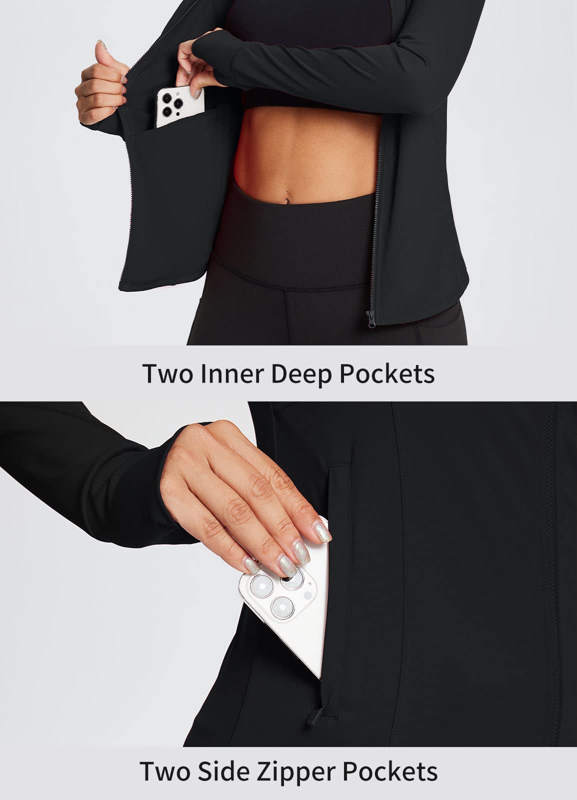 BALEAF Women's Running Jackets Full Zip Slim Fit Quick Dry Athletic Workout Track Lightweight Thumb Holes Pockets Black L