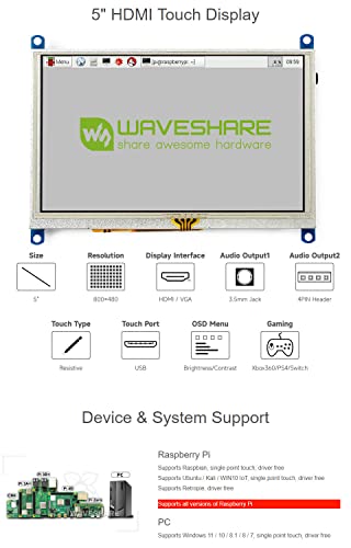 waveshare Raspberry Pi 800X480 5inch HDMI LCD G Resistive Touch Screen LCD HDMI Interface Supports Multi Mini-PCs and Multi Systems Raspberry Pi Banana Pi