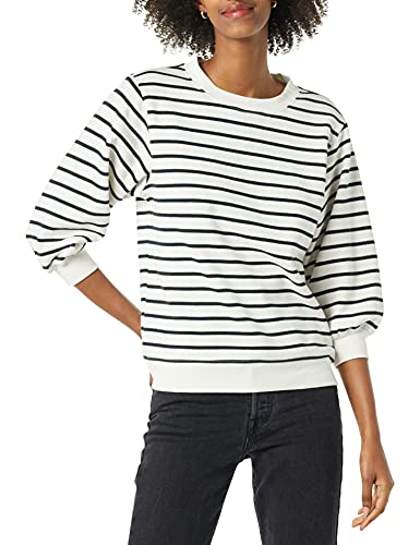 Amazon Essentials Women's French Terry Fleece Sleeve Detail Crewneck Sweatshirt, Black White Stripe, Large