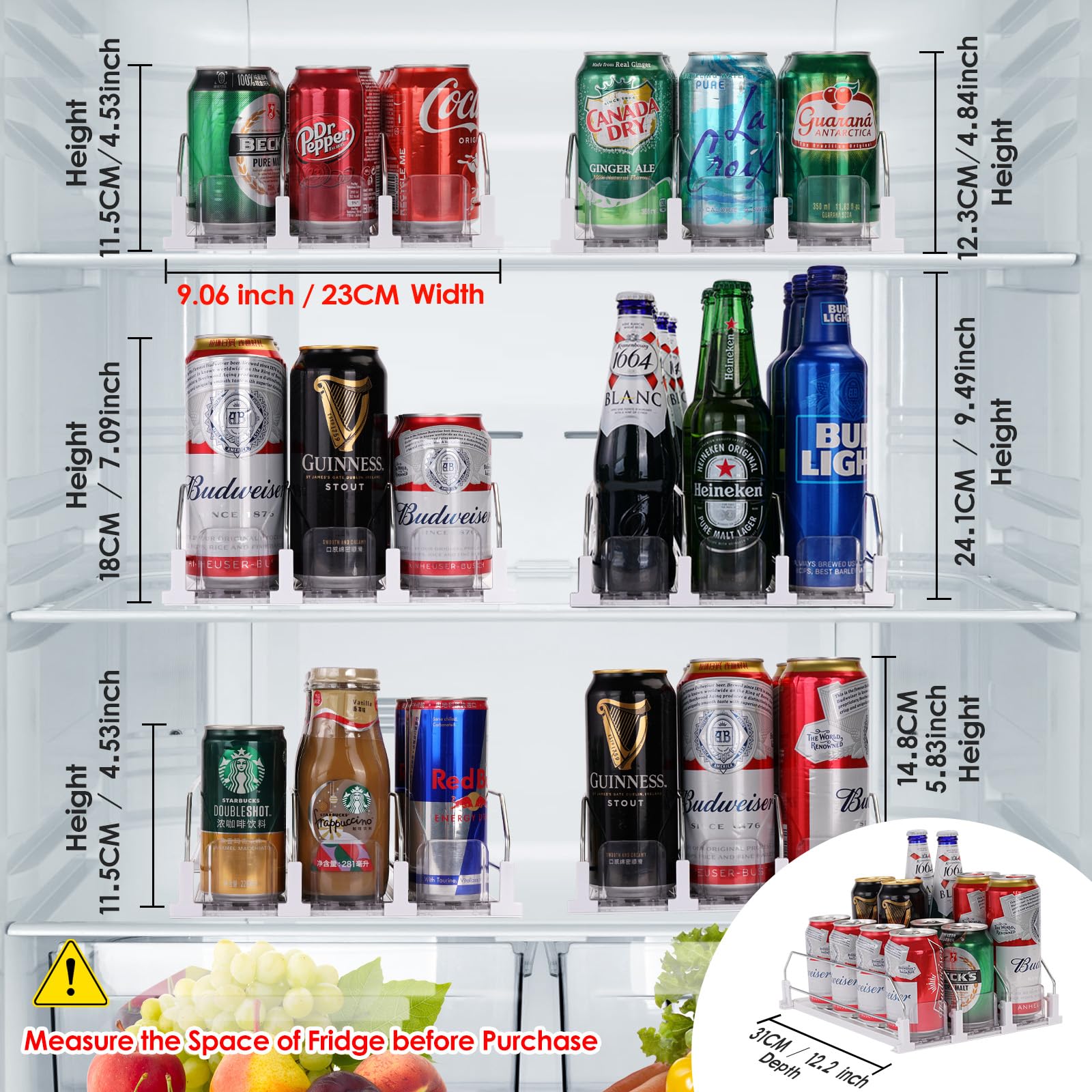 BingoHive Automatic Soda Can Organizer for Refrigerator Can Dispenser for Beer Soda Seltzer Drink Pop Can Holder Self-Pushing Drink Organizer for Fridge Storage 12 cans of 11.15oz 12oz 16oz 16.9oz