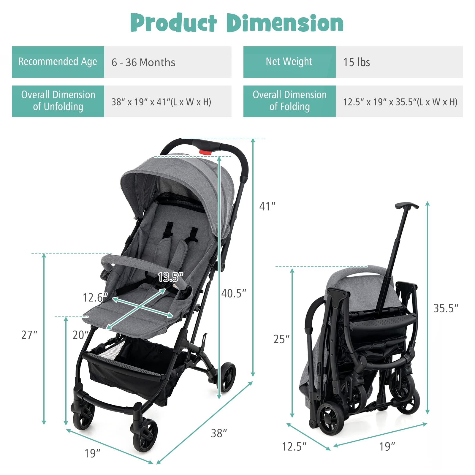 BABY JOY Lightweight Baby Stroller, Compact Travel Stroller for Airplane, Easy One-Hand Fold, High Landscape Infant Toddler Stroller with Adjustable Canopy/Backrest/Footrest, Storage Basket (Gray)