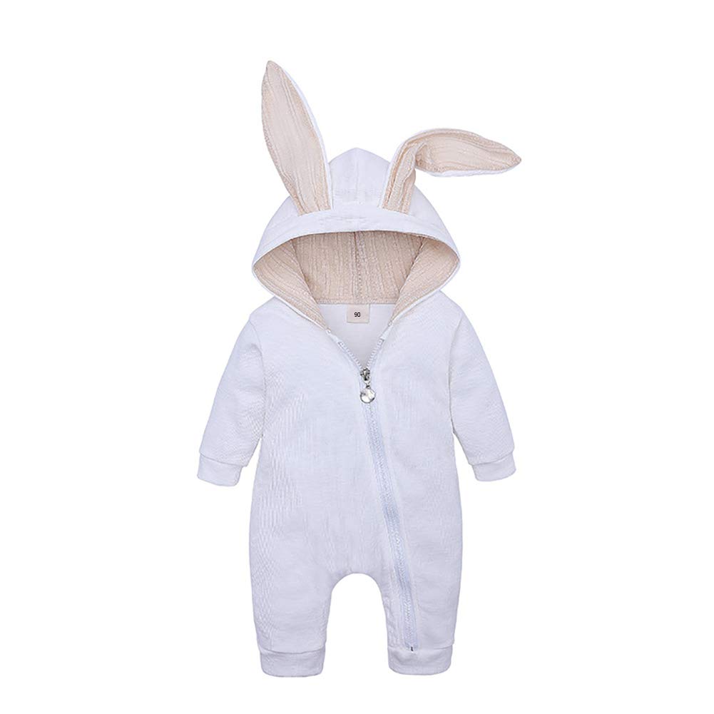 Motteecity Baby Toddler Boys Clothes Unisex Cute Bunny Long Sleeves Zipper Romper (3M, White)