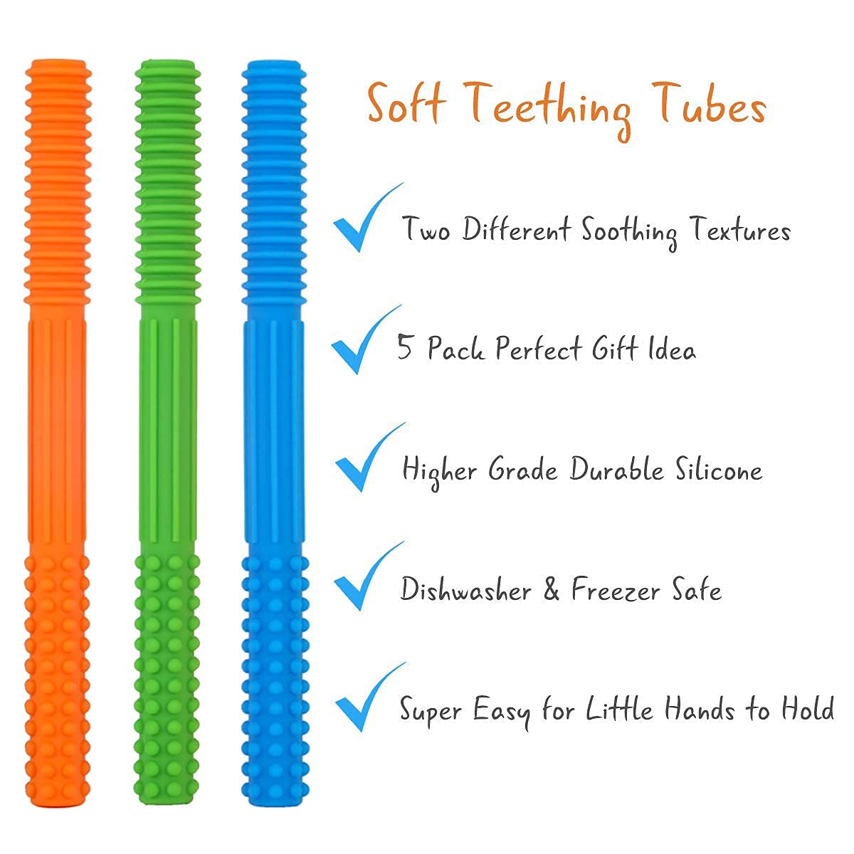 SLGOL Hollow Teether Tube(6.8'' Long), 5 Pack Chew Straw Teething Toys for Infant Toddlers Silicone Tubes Teething Sticks for Babies 3-12 Months, BPA Free
