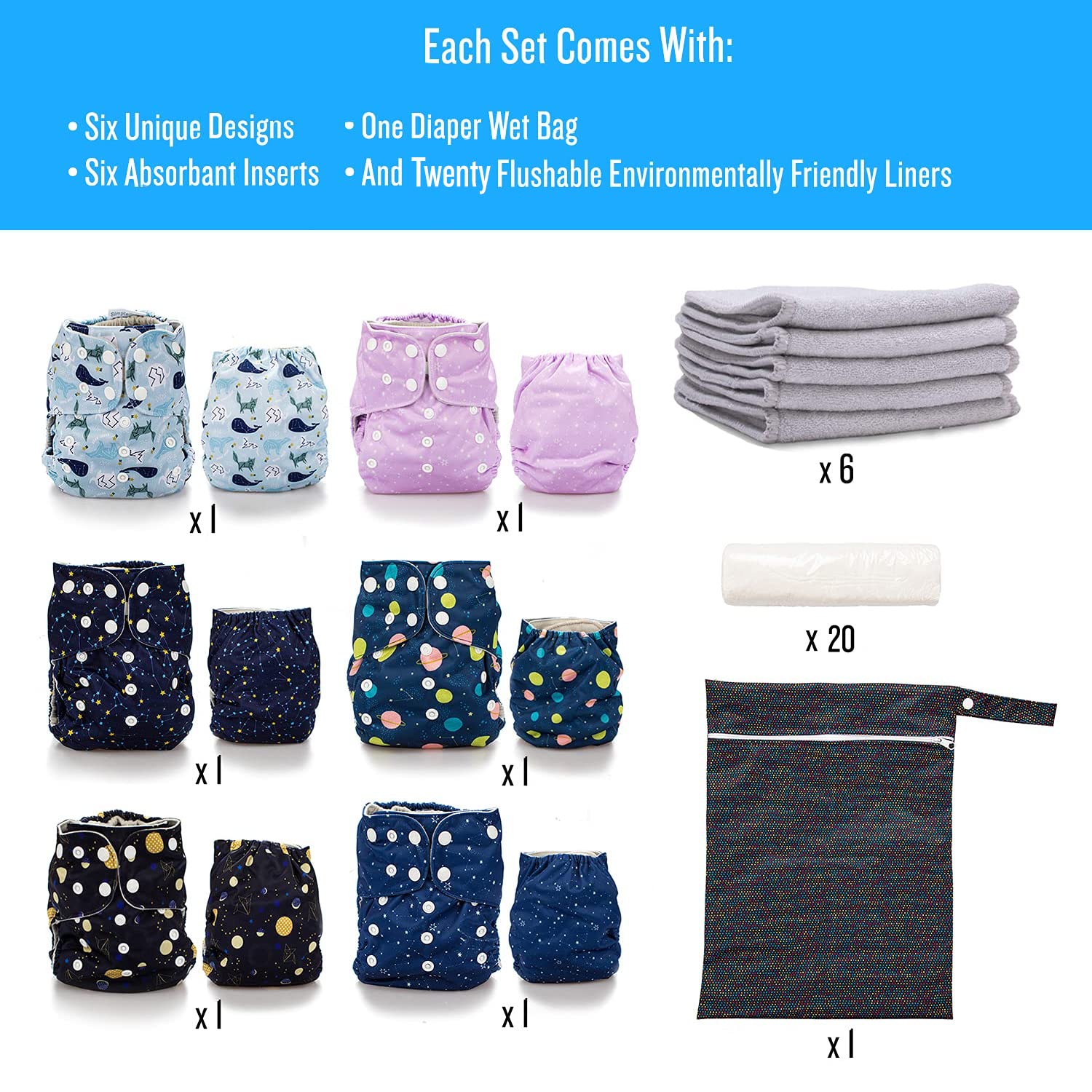 Simple Being Reusable Cloth Diapers, Double Gusset, One Size Adjustable, Washable Soft Absorbent, Waterproof Cover, Eco-Friendly Unisex Baby Girl Boy, six 4-Layers Microfiber Inserts (Constellations)