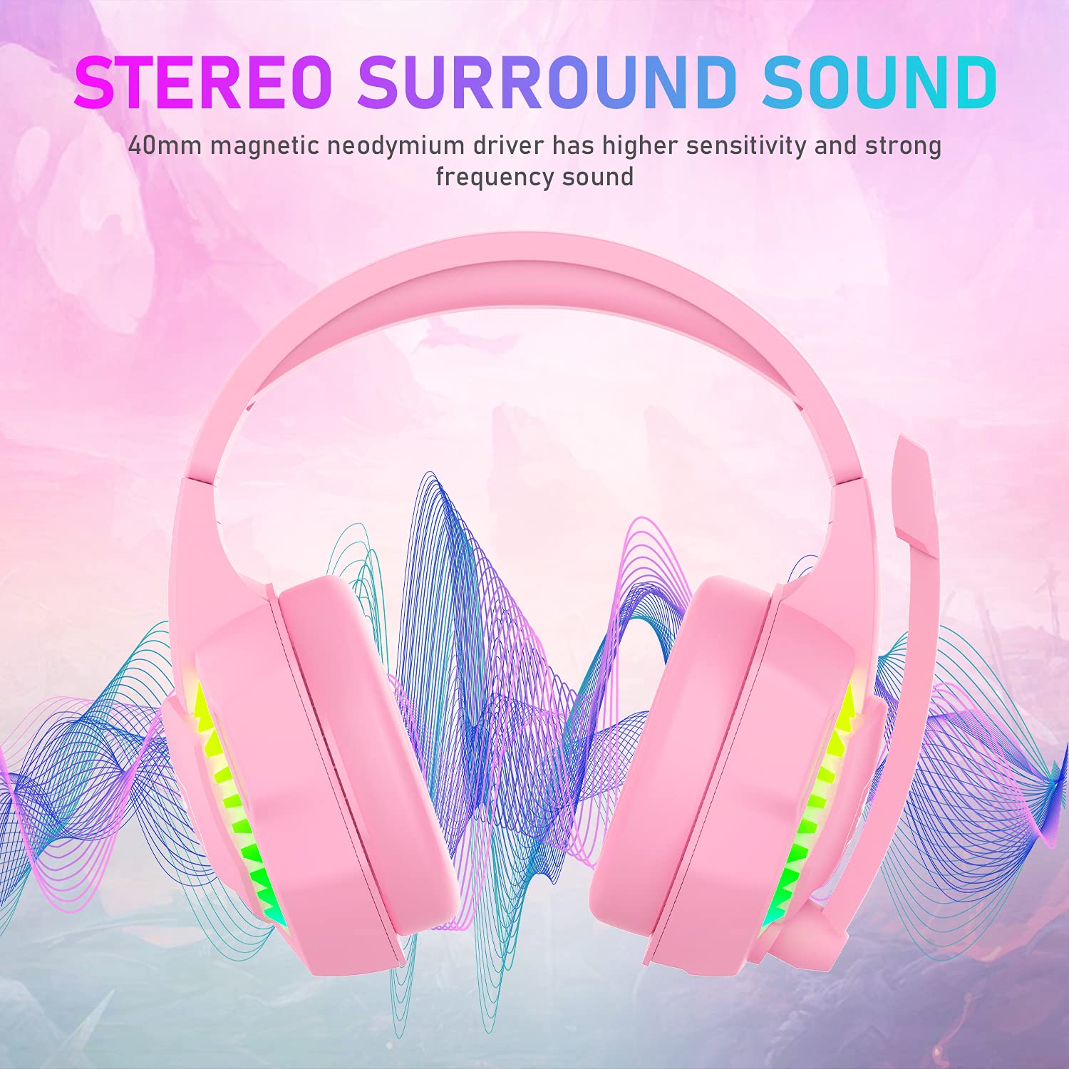Gaming Headset with Microphone for PS4 PC Xbox One PS5 Controller,Noise Cancelling Over Ear Headphones with Adjustable Mic,Breathing RGB Light,Bass Surround,Soft Memory Earmuffs for Laptop Mac(Pink)