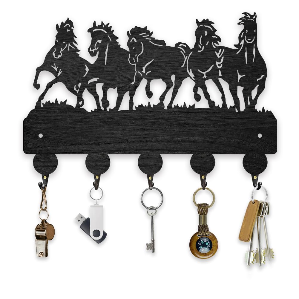BEUNITONE Horses Wooden Key Hanger Animal Wood Key Holder Hooks 11.8x7.9 Rustic Key Rack Organizer Wall Mounted Coat Hook with 5 Hooks Screws for Entryway Front Door Kitchen Hallway Office Decor