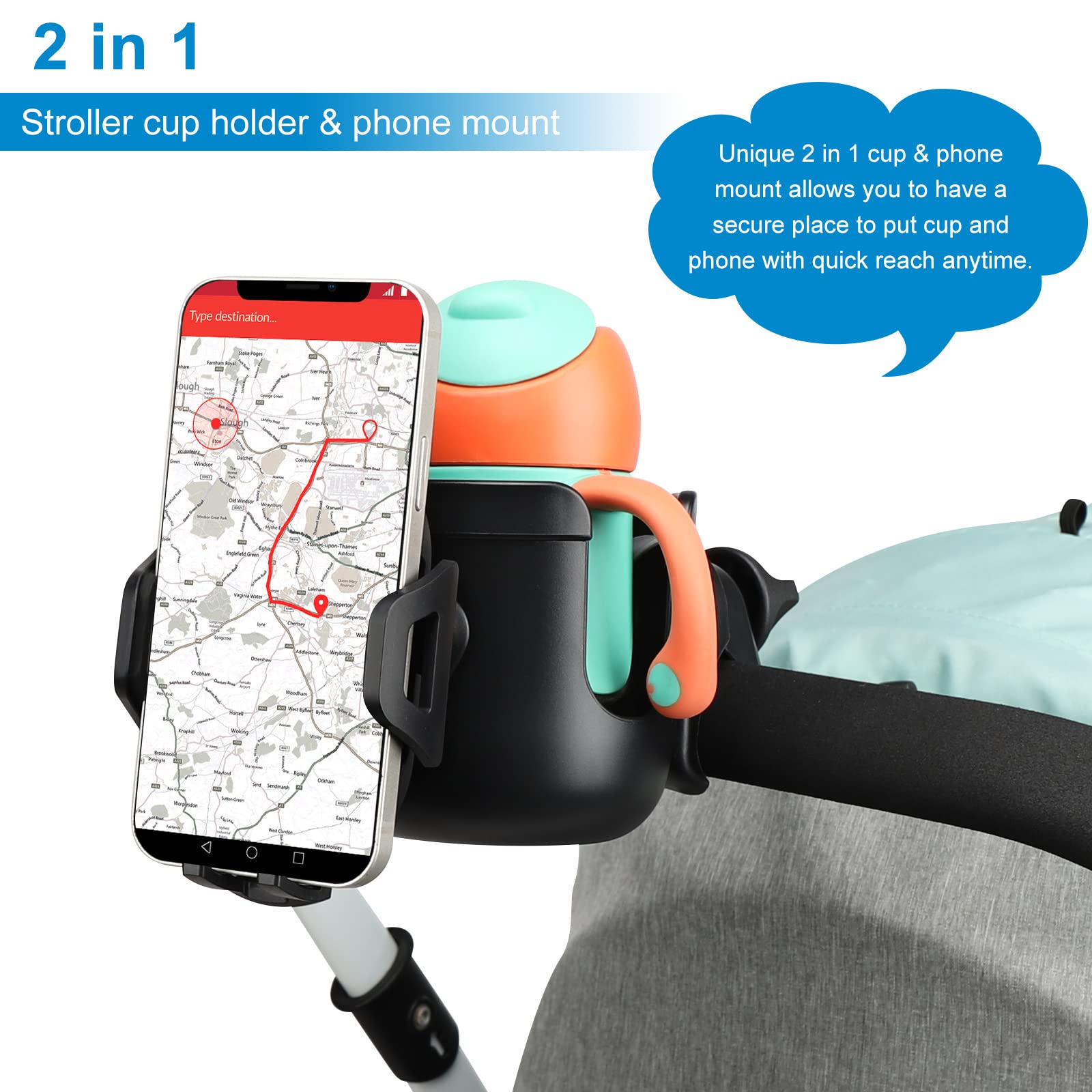 Accmor Universal Stroller Cup Holder with Phone Holder Mount, Bike Cup Holder, 2-in-1 Large Caliber Designed Cup Holder for Stroller, Bike, Wheelchair, Walker
