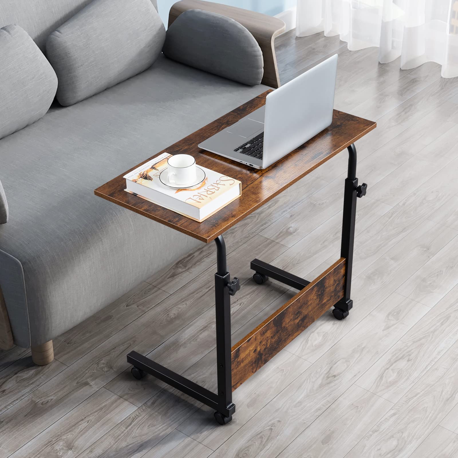 Binrrio Sofa Side Table Desk with Wheels, Tray Table Portable Side Table for Bed, Table Laptop Cart, Height Adjustable Coffee Snack Table for Living Room, Bedroom, The Study, 31.5" L X 16" W, Brown