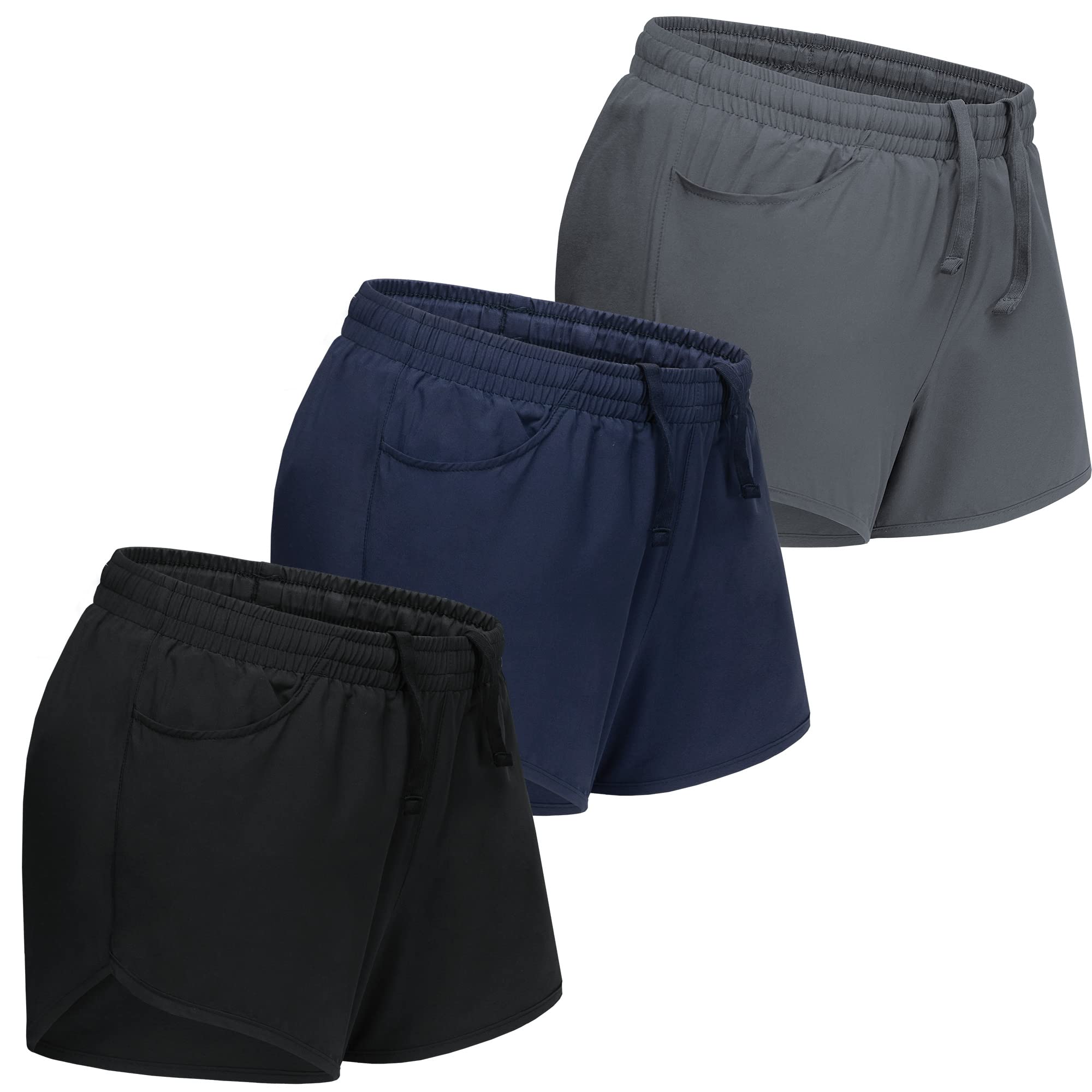 BALENNZ Quick Dry Athletic Shorts for Women Pack Elastic Waist Womens Workout Gym Sport Running Shorts with Pockets 3 Pack Black&Navy&Deep Grey Medium