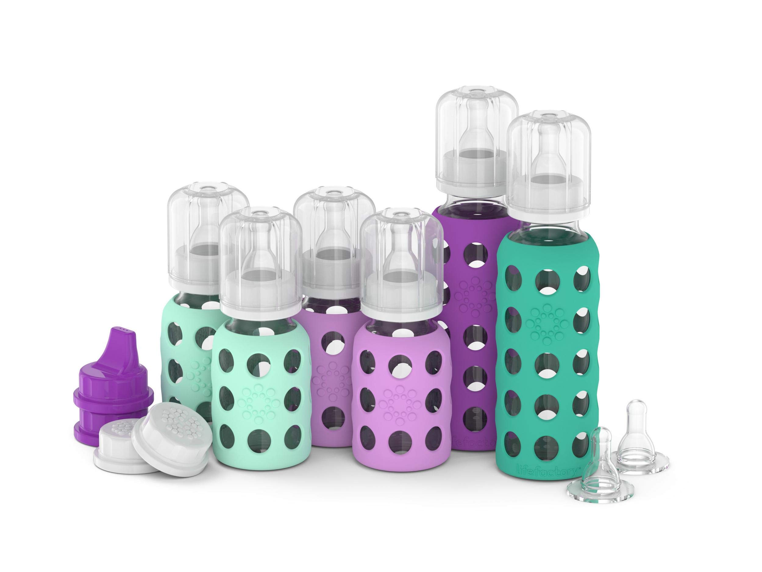 Lifefactory Baby 6 Bottle Starter Set in Mint/Lavender and in Kale/Grape Flat & Sippy Caps Stage 3 Nipples 16 Oz 12 Piece Set