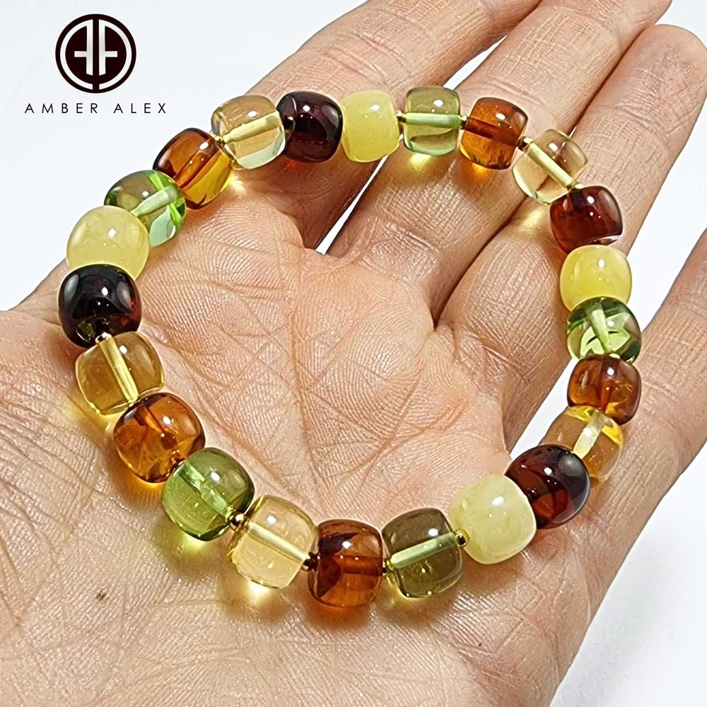 AMBER ALEX Multi-Color Amber Tablets Stretch Bracelet, Genuine Baltic and Caribbean Amber.